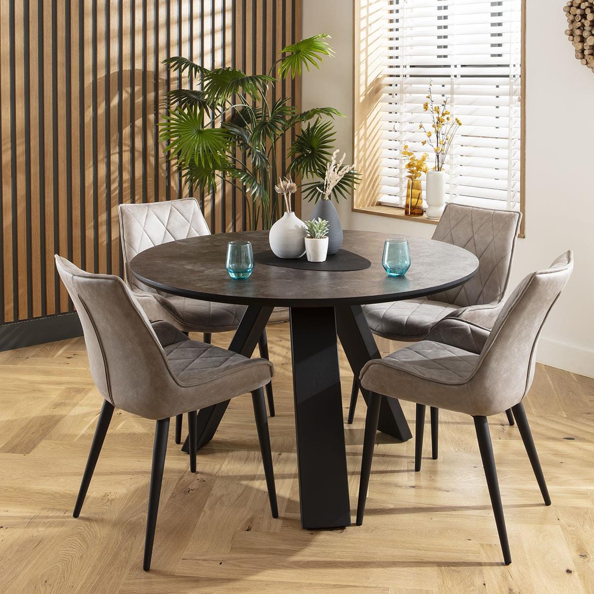 4 Seater Round Modern Dining Table and Chairs Set Light Grey Black ...