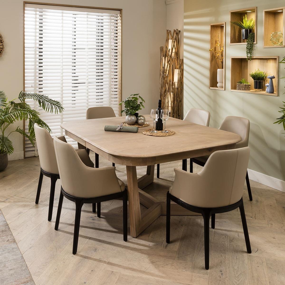 6 Seat Natural Wooden Extendable Dining Table And Chairs Beige Leather ...
