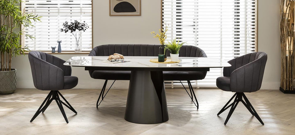 6 Seater Modern Bench Dining Set With Grey Chairs - Ceramic Marble Din ...