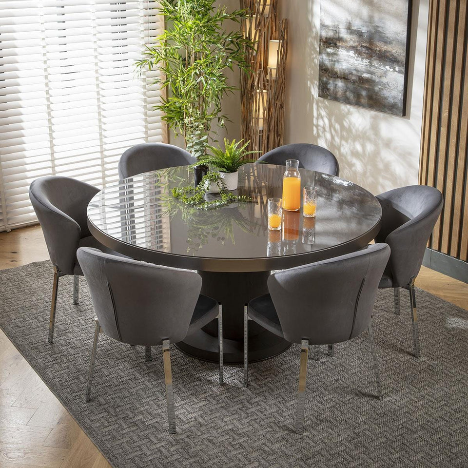6 Seater Round Dining Set Gloss Glass Dining Table and Chairs Grey ...