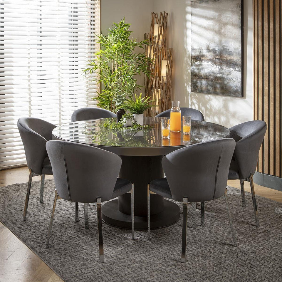 6 Seater Round Dining Set Gloss Glass Dining Table and Chairs Grey ...