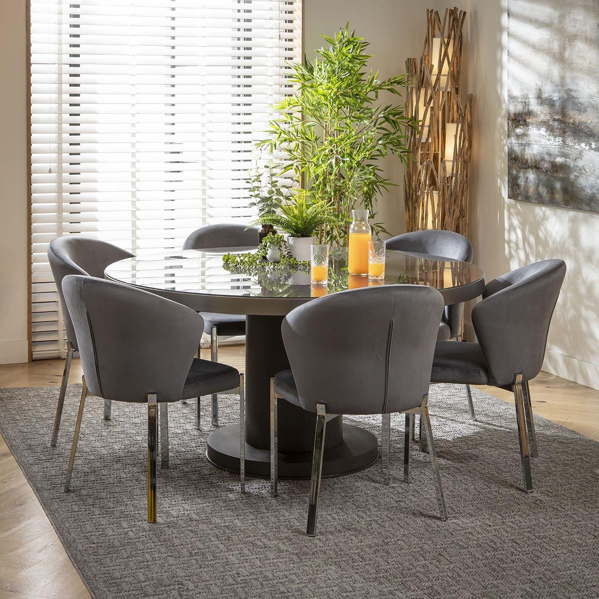 6 Seater Round Dining Set Gloss Glass Dining Table and Chairs Grey ...
