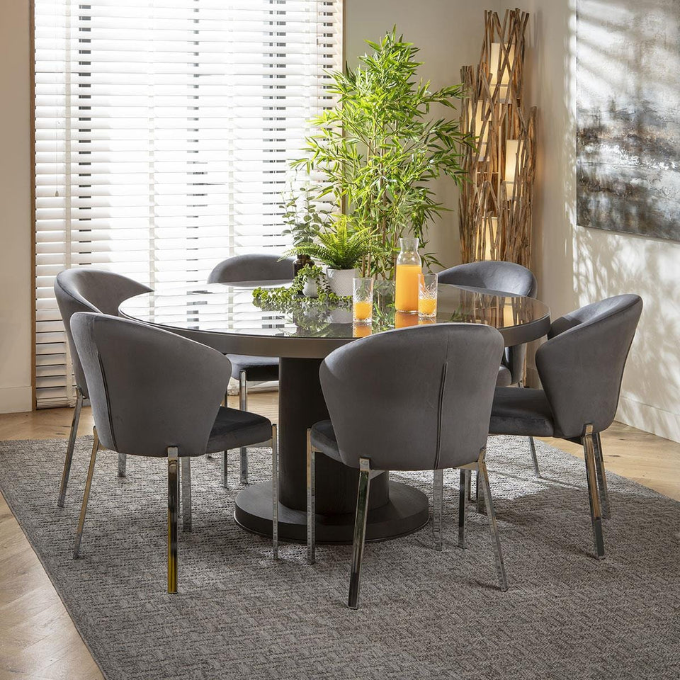 6 Seater Round Dining Set Gloss Glass Dining Table and Chairs Grey ...