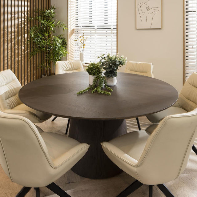 6 Seater Round Dining Table And Leather Swivel Chair Dining Set Cream ...