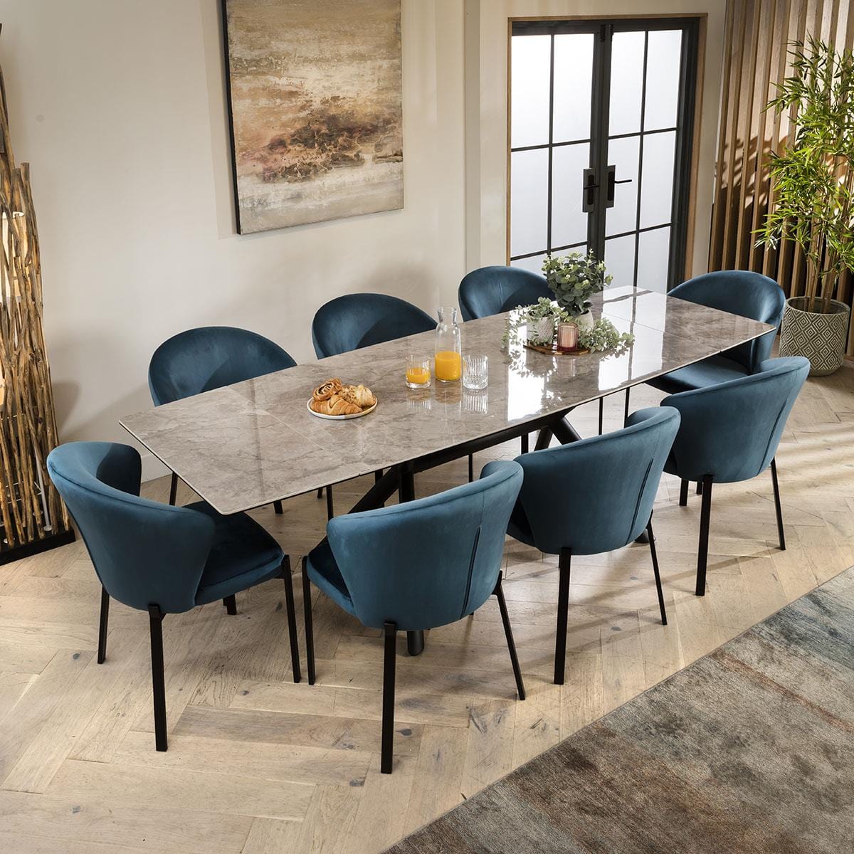 8 Seat Extending Ceramic Marble Dining Set Grey Blue Velvet 160-240cm – Quatropi
