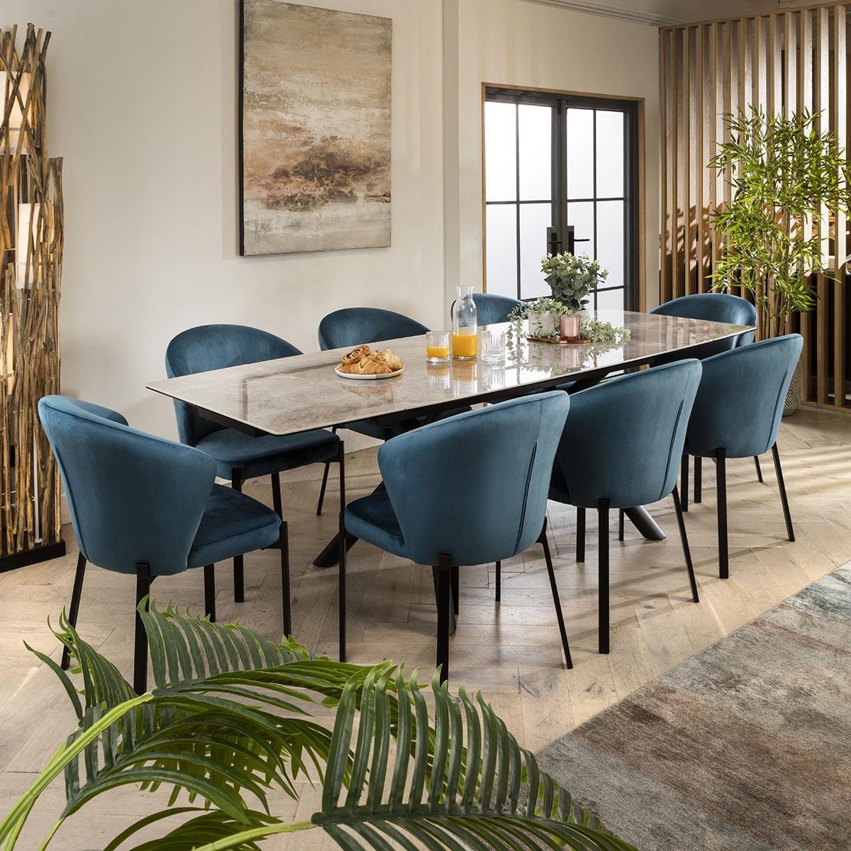 8 Seat Extending Ceramic Marble Dining Set Grey Blue Velvet 160-240cm ...