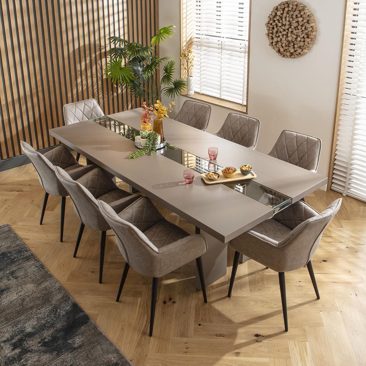 8 Seat Modern Glass River Dining Table and Chair Set Light Grey Taupe ...