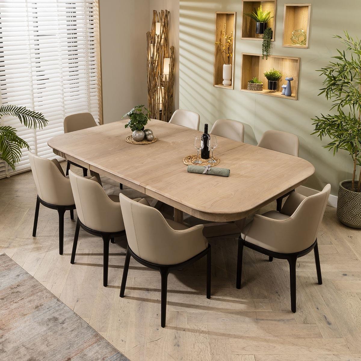 8 Seat Natural Wooden Extendable Dining Table And Chairs Beige Leather ...