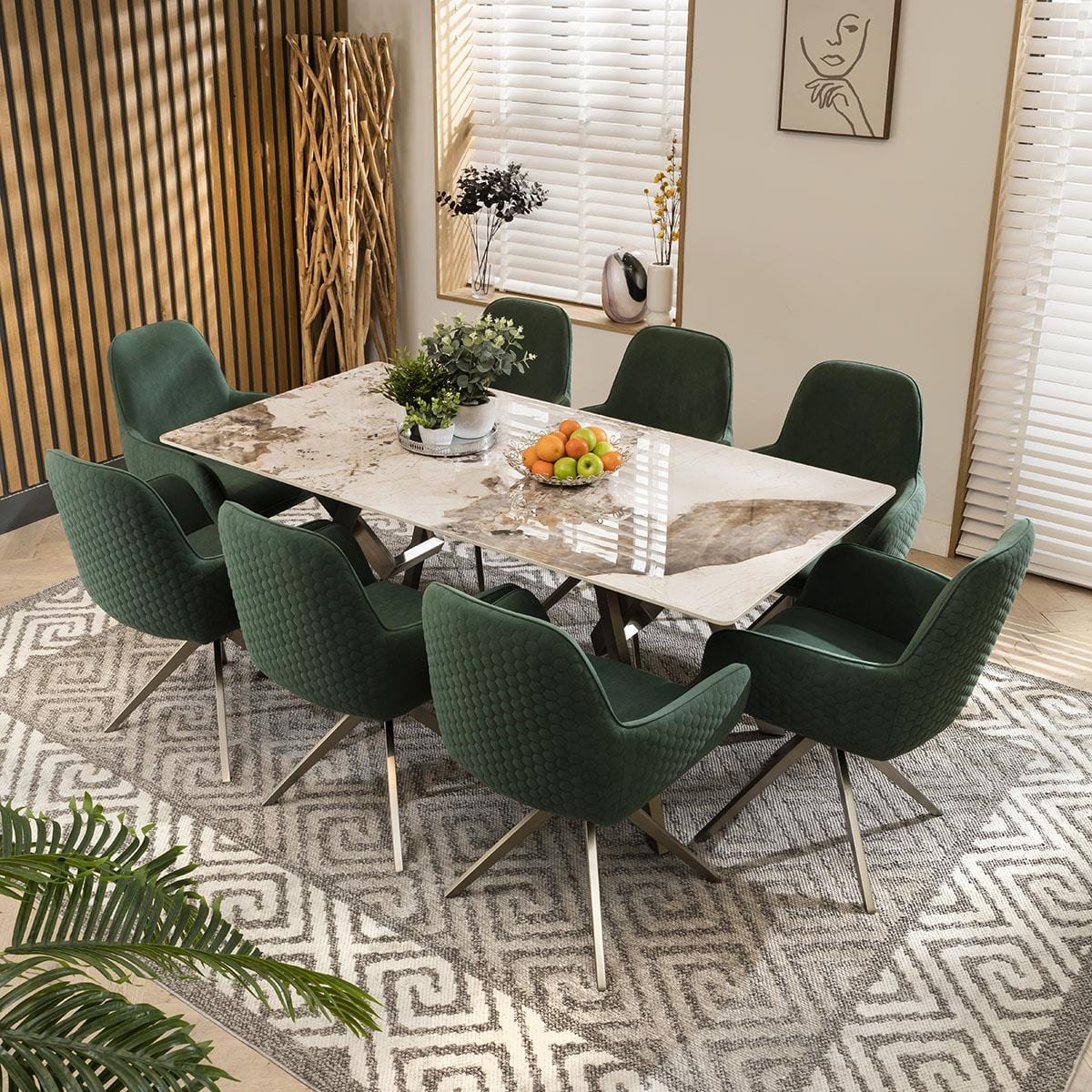 8 Seater White Ceramic Dining Table And Chairs Set Green Velvet 180cm ...