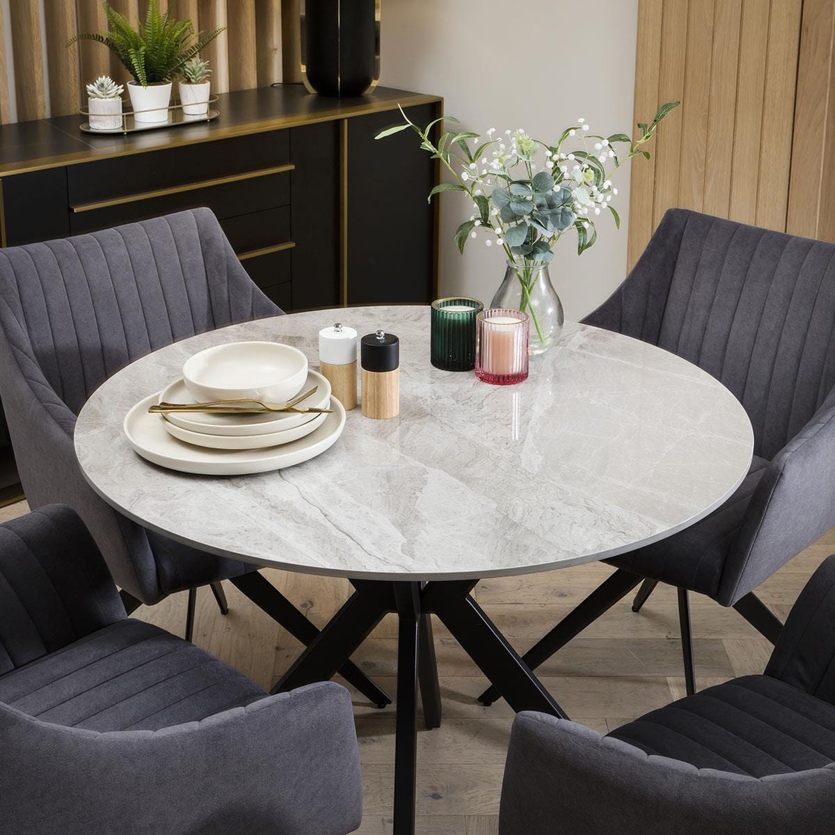 Compact Round 4 Seater Dining Set - Grey Ceramic Marble Table & 4 Prem ...