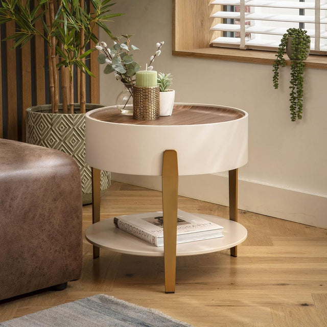 Contemporary Round Bedside Lamp Side Table Wood Matte White Gold 52cm ...
