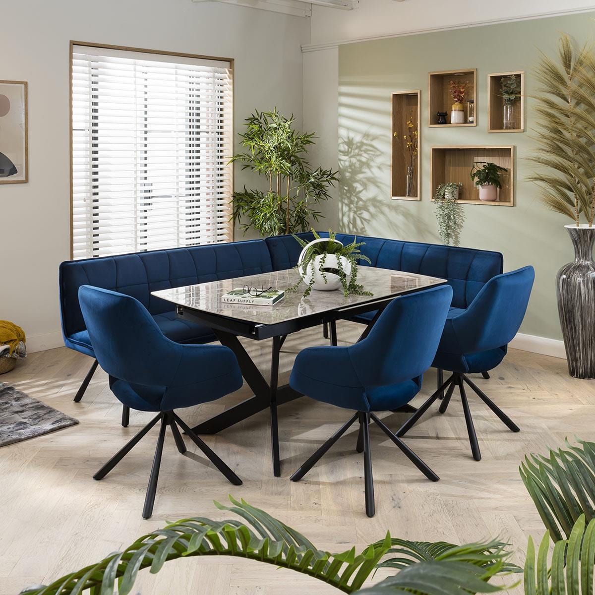 Corner Bench Dining Set Left-Hand Ceramic Extending Table 8 Seat Blue ...