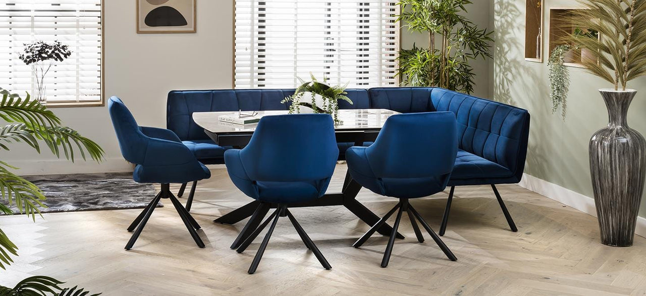 Corner Bench Dining Set Left-Hand Ceramic Extending Table 8 Seat Blue – Quatropi