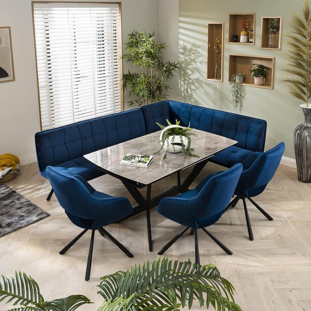 Corner Bench Dining Set Left-Hand Ceramic Extending Table 8 Seat Blue – Quatropi