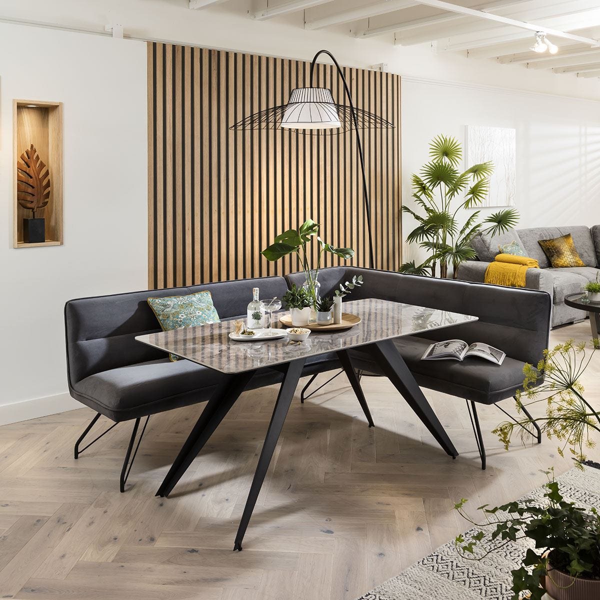 Corner Bench Dining Set Left-Hand White Ceramic Table 5 Seater Grey ...