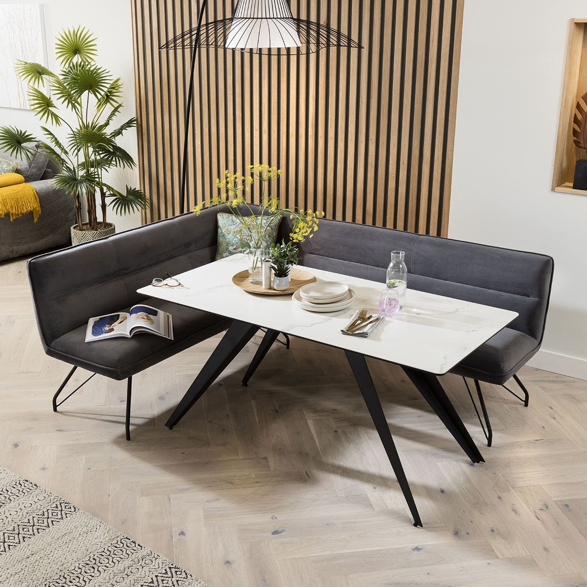 Corner Bench Dining Set Right-Hand White Ceramic Table 5 Seater Grey ...