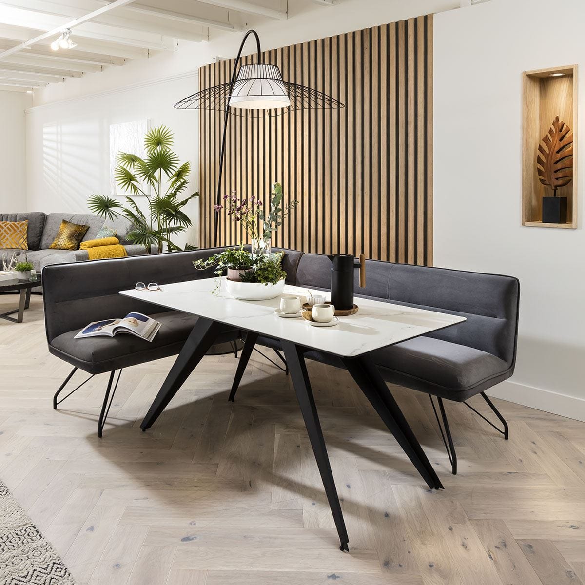 Corner Bench Dining Set Right-Hand White Ceramic Table 5 Seater Grey ...