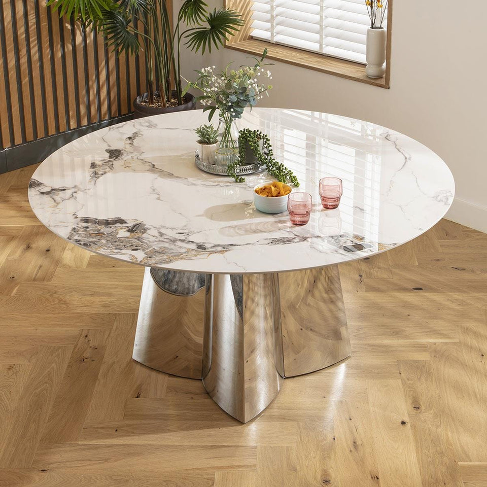 Dynasty Round 6 Seat Ceramic Marble Dining Table White 150cm – Quatropi