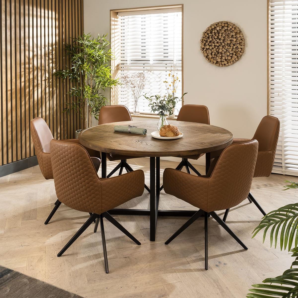 Emma 6 Seater Round Solid Wood Herringbone Dining Set TanSwivel – Quatropi