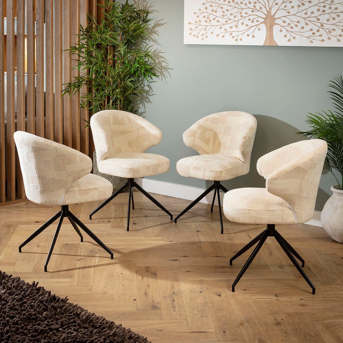 Set of 4 Modern Kitchen Swivel Dining Room Chairs White Cream Fabric ...