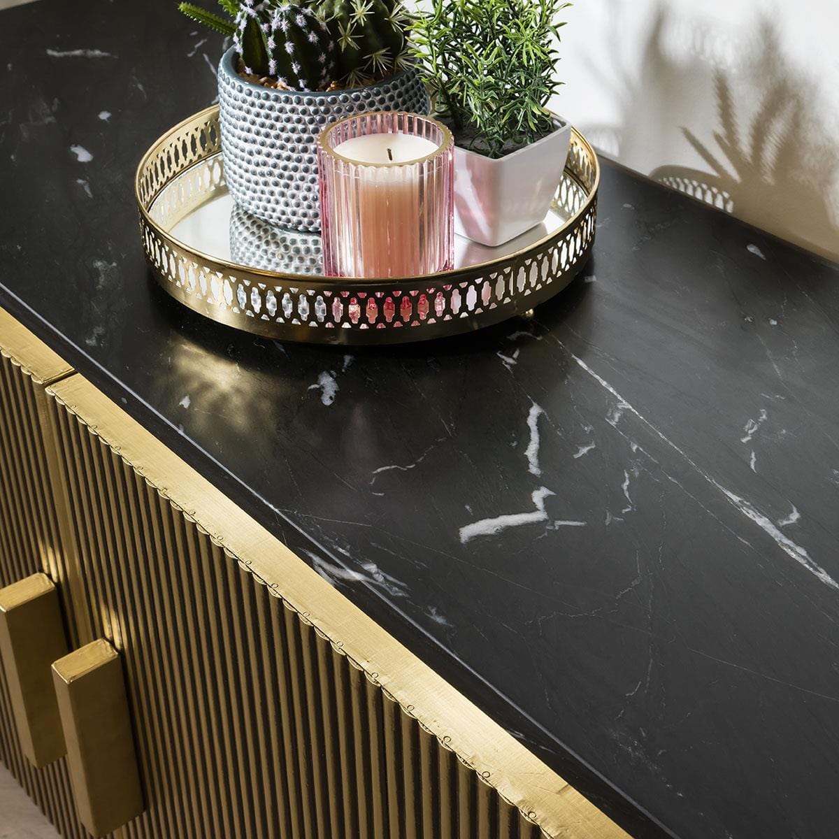 Gold Metal 4 Door Modern TV Unit 200cm - Luxury Black Marble Top - Iro ...