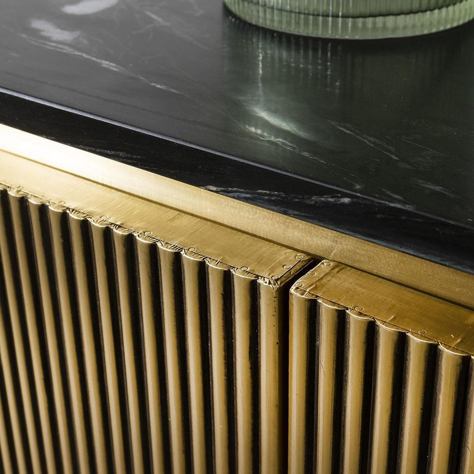 Gold Metal 4 Door Modern TV Unit 200cm - Luxury Black Marble Top - Iro ...