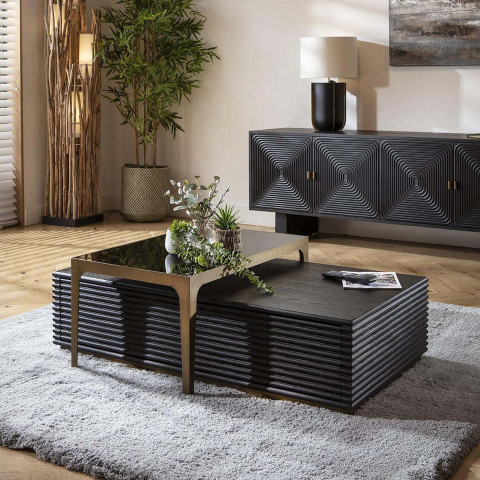 Large Modern Nested Coffee Table Black Oak Glass Brass Metal 120x65cm ...