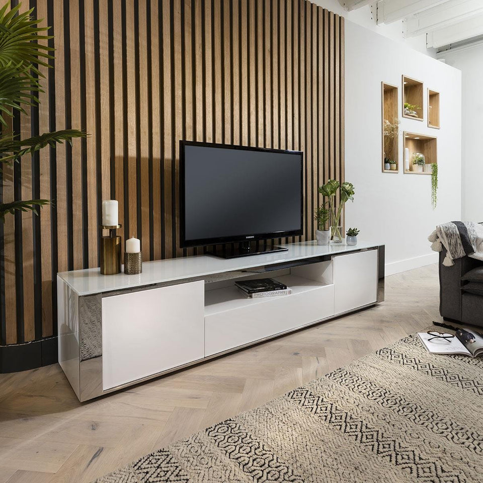 Large Modern TV Stand Cabinet Unit Media Storage 220cm White Gloss ...