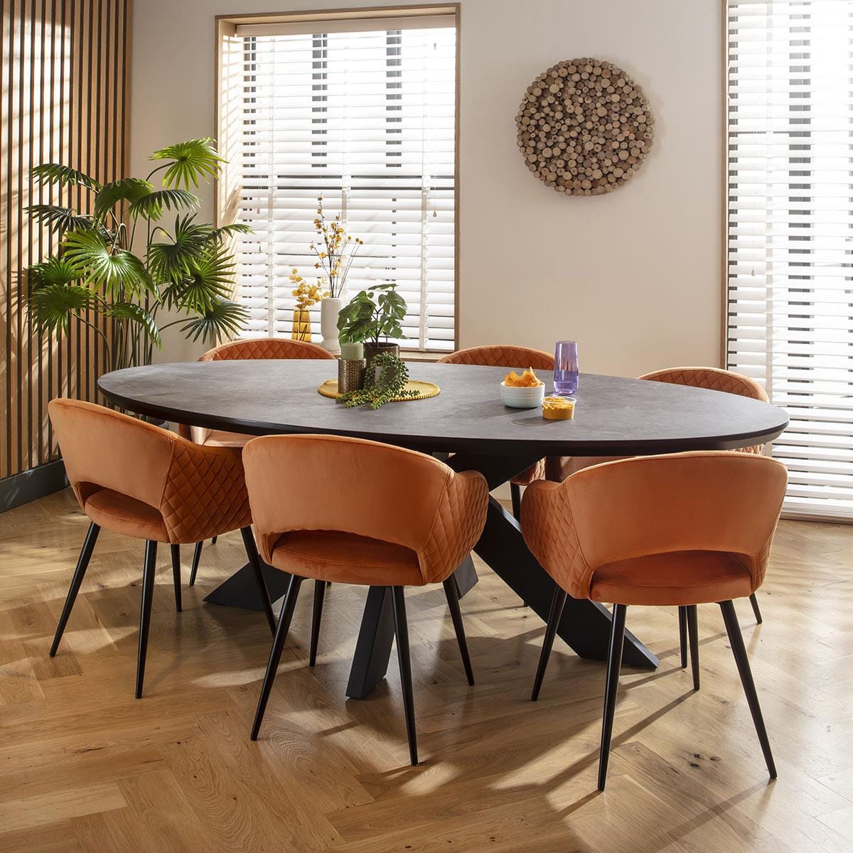 Modern 6 Seater Oval Modern Dining Table and Chairs Set Orange Black ...
