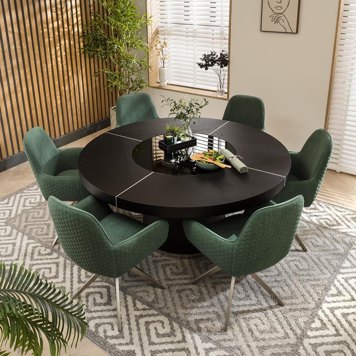 Modern 6 Seater Round Dining Set Lazy Susan Black Oak Green 160cm ...