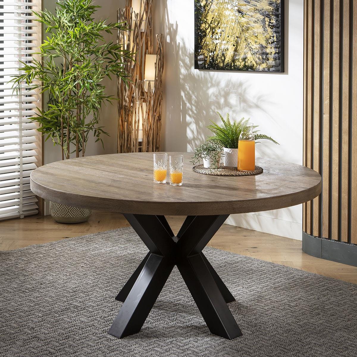 Modern 6 Seater Round Dining Table Reclaimed Oak Black Metal 150cm ...