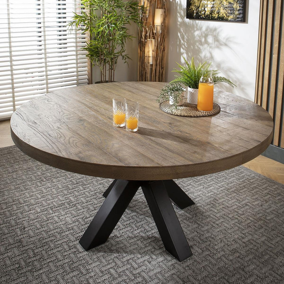 Modern 6 Seater Round Dining Table Reclaimed Oak Black Metal 150cm ...
