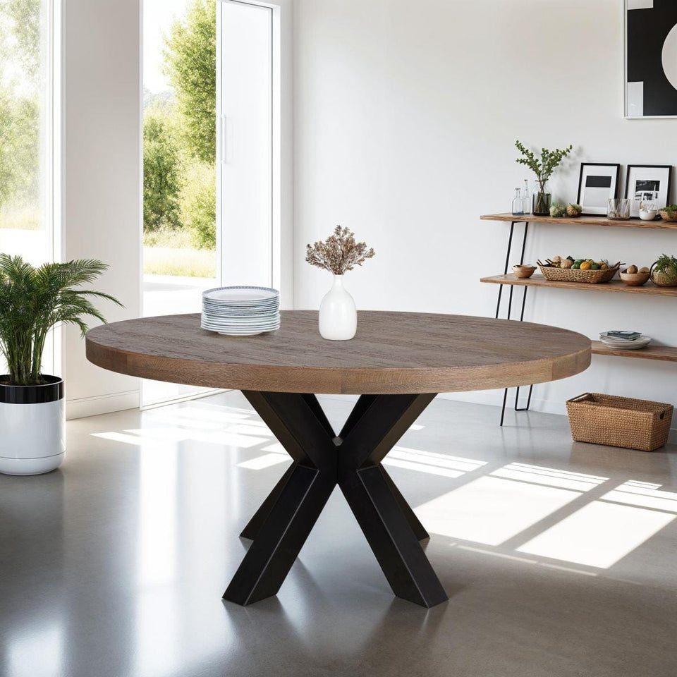 Modern 6 Seater Round Dining Table Reclaimed Oak Black Metal 150cm ...