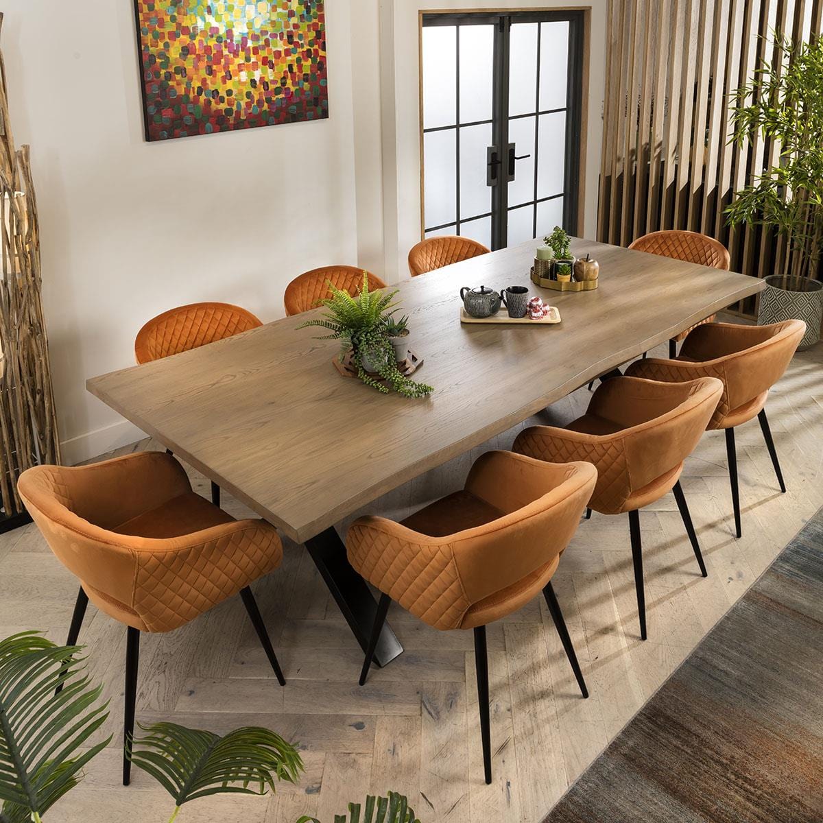 Modern 8 Seat Stained Live Edge Solid Wooden Dining Set Orange Velvet ...