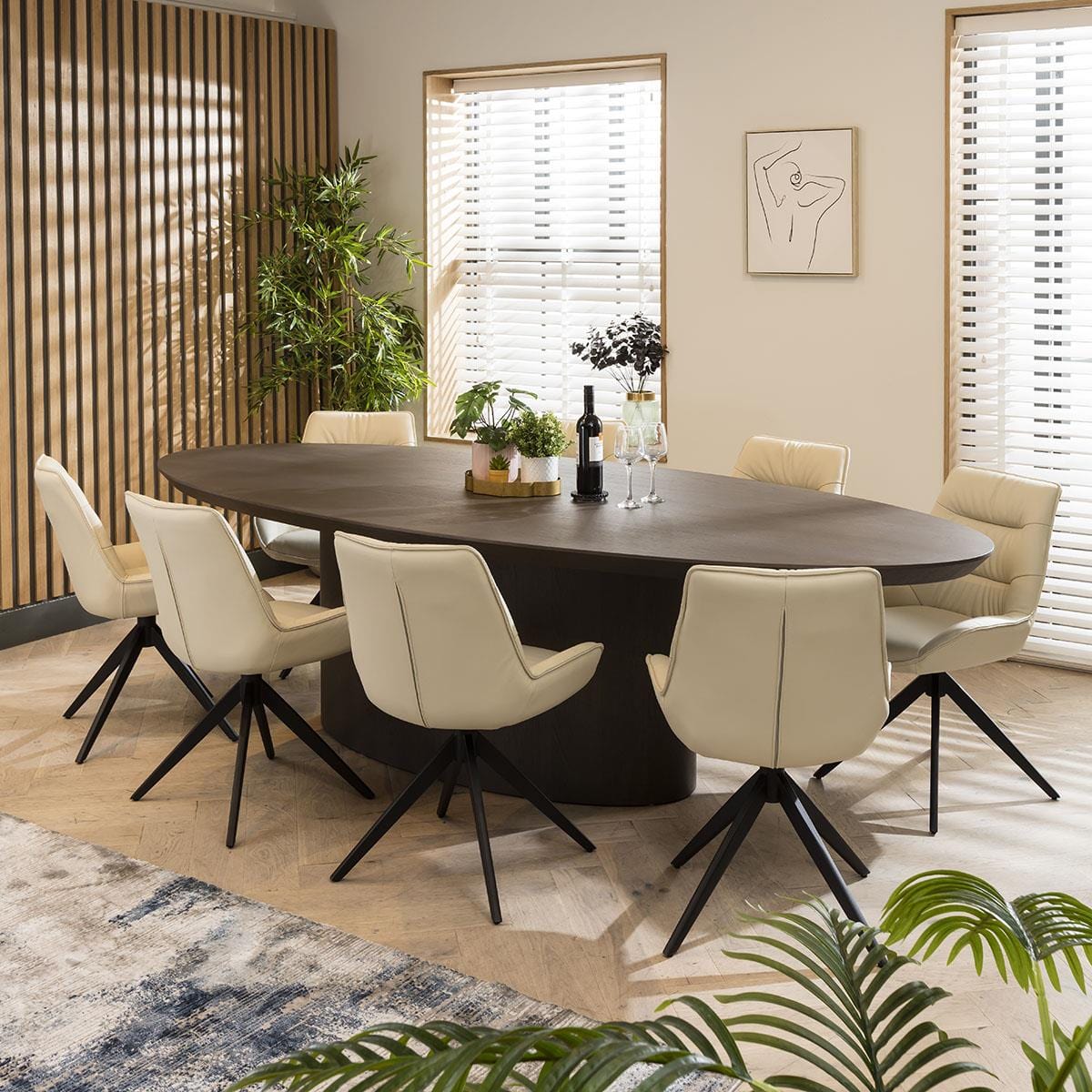 Modern 8 Seater Dining Table And Swivel Chairs Oval Dining Set Cream ...