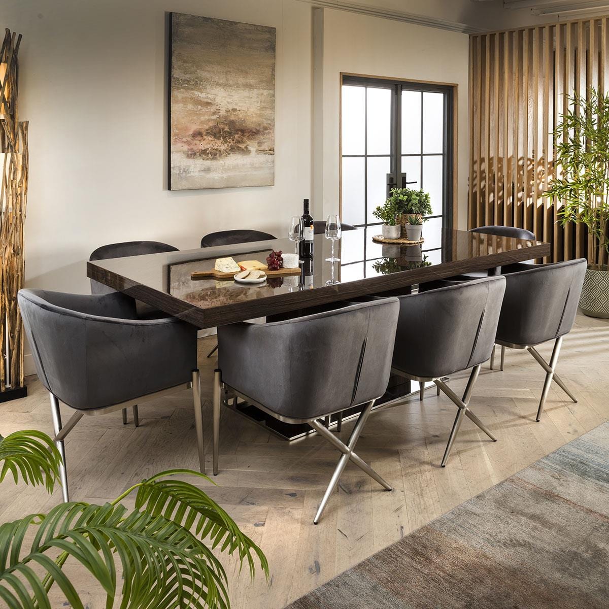 Modern 8 Seater Dining Table Chairs Set Gloss Oak Grey Velvet 240cm ...