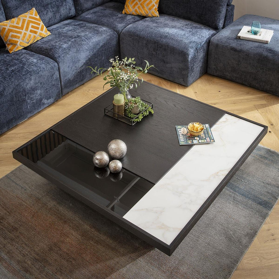 Modern Large Glass Square Black Coffee Table White Ceramic 120cm – Quatropi