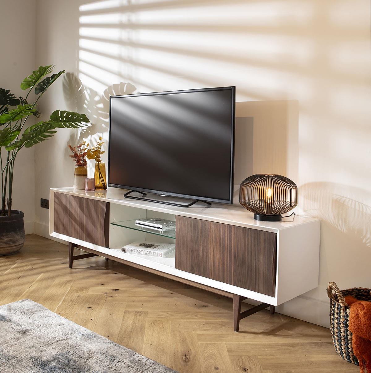 Modern Large TV Stand Cabinet Unit Gloss White Walnut Wood 201cm – Quatropi