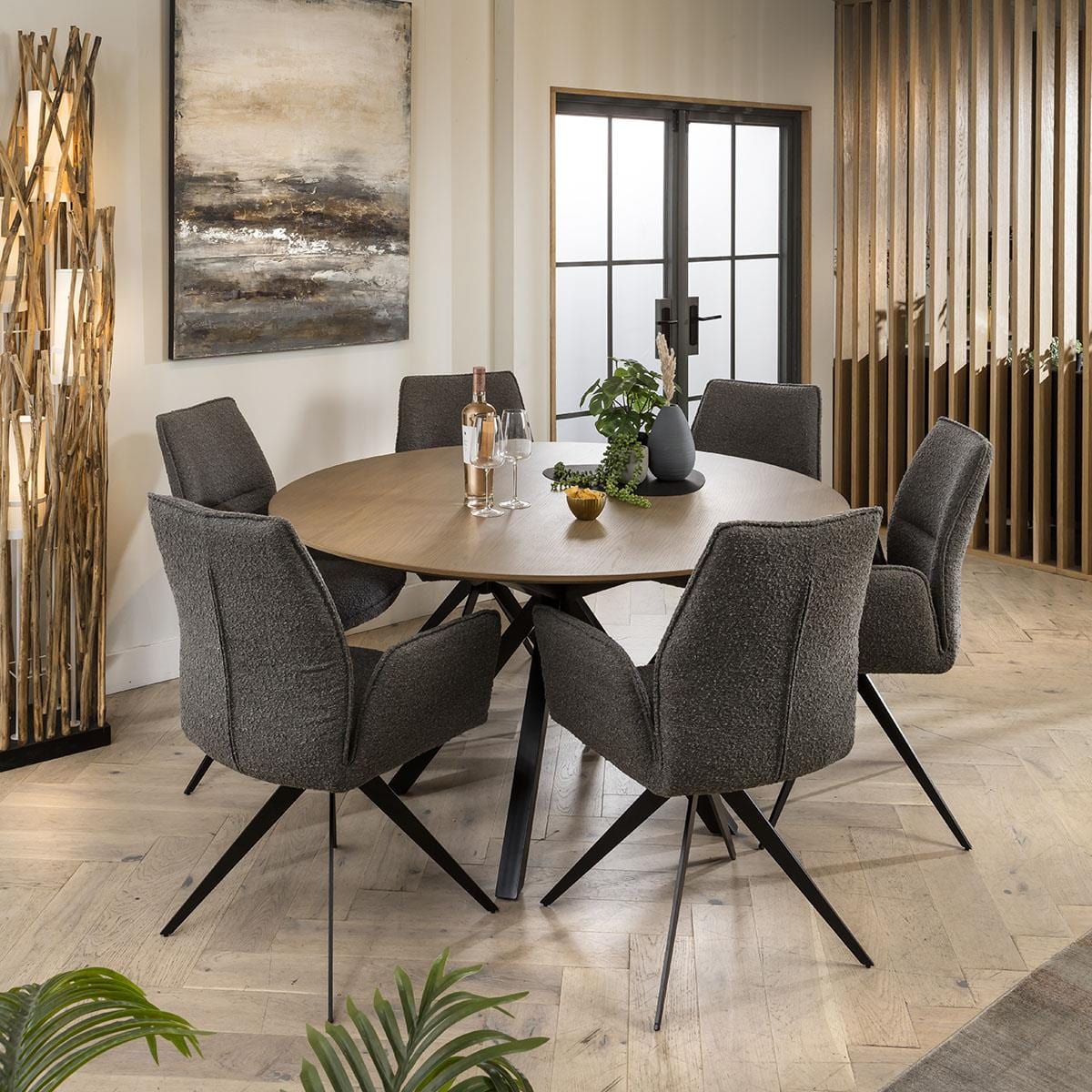 Modern Solid Stained Wooden 6 Chair Seater Round Dining Set Grey 140cm ...