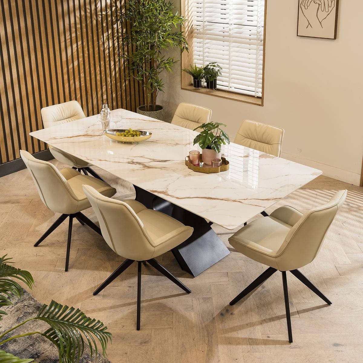 Nora 6 Seater Ceramic Dining Set Cream Return Swivel Chairs – Quatropi