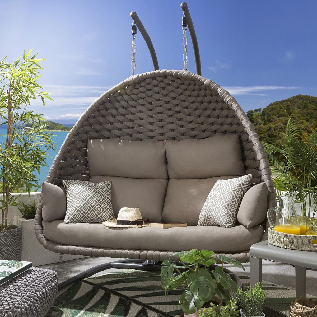 Outdoor Double Hanging Egg Chair 2 Seater Garden Swing Beige Brown ...