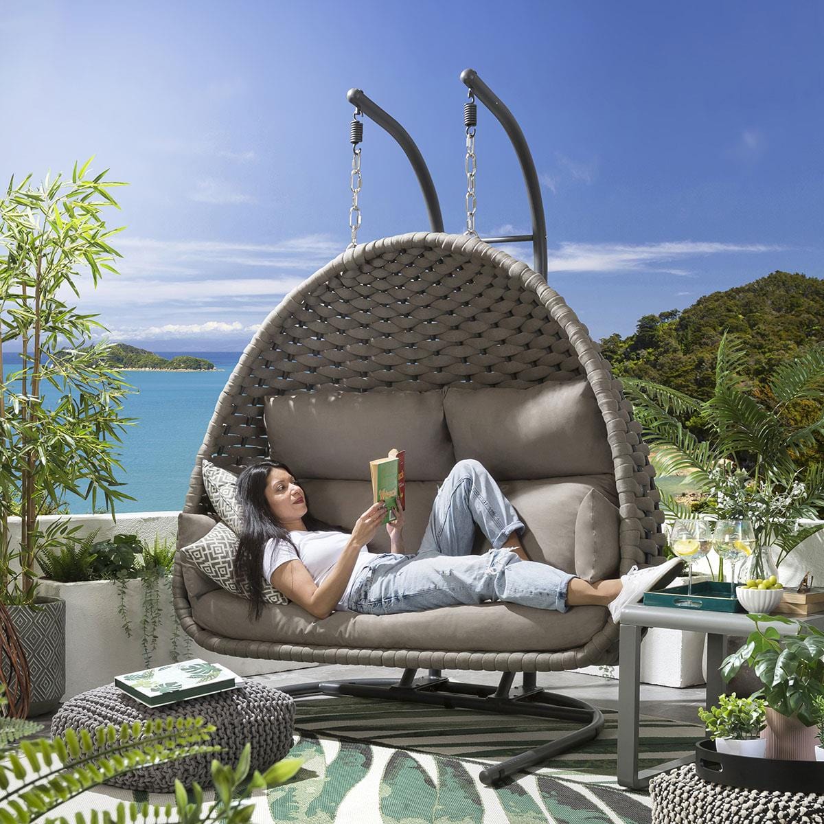 Outdoor Double Hanging Egg Chair 2 Seater Garden Swing Beige Brown ...