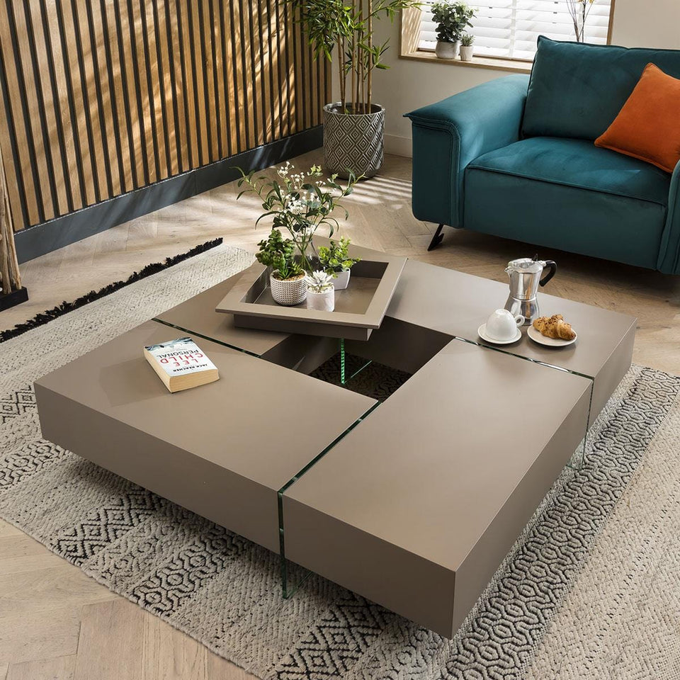 Quatropi Large Square Modern Coffee Table Glass Legs Matte Grey Taupe 120cm