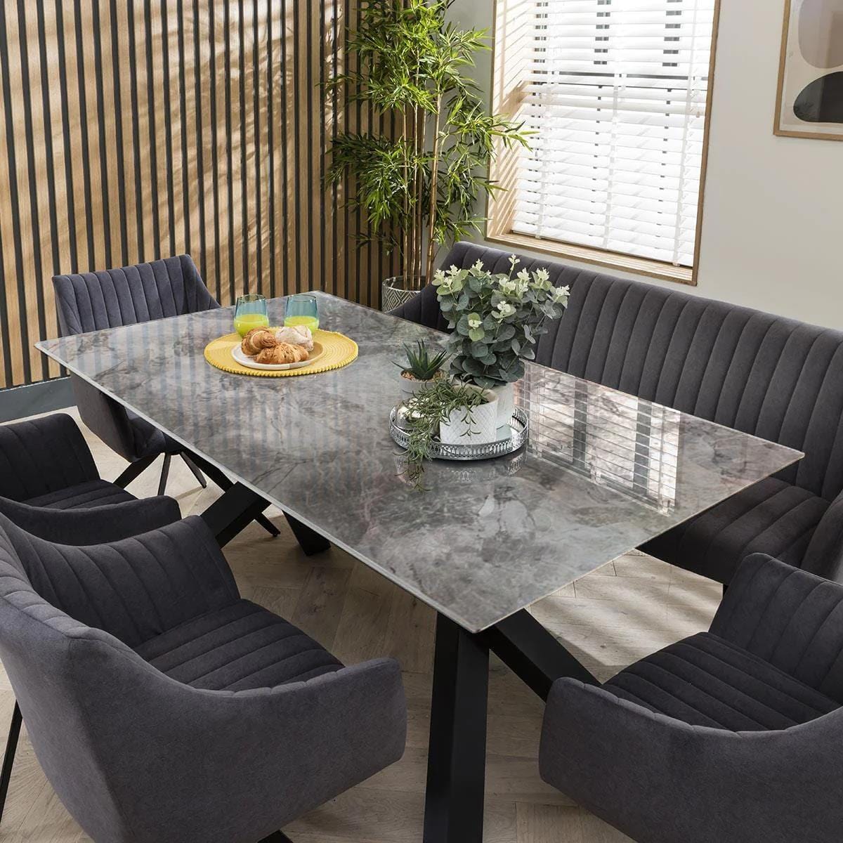 Quatropi Modern 6 Person Grey Ceramic Dining Table And Bench Set - Vel