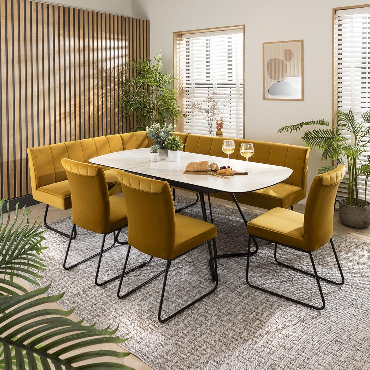 Quatropi Modern Corner Bench Dining Set 8 Seater Ceramic Extending Mustard