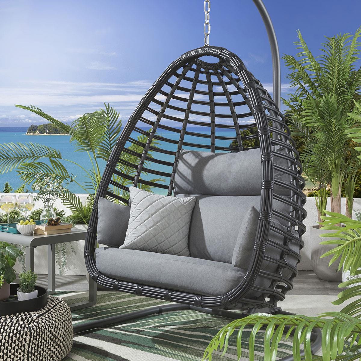 Outdoor Double Hanging Egg Chair 2 Seater Garden Swing Charcoal Grey ...