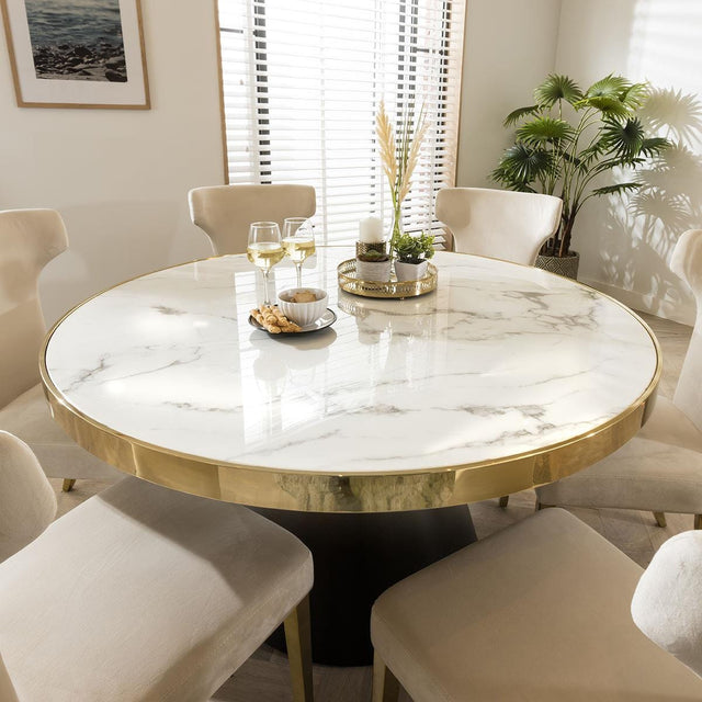 Quatropi Round Dining Table 140cm White Ceramic Marble Effect Top