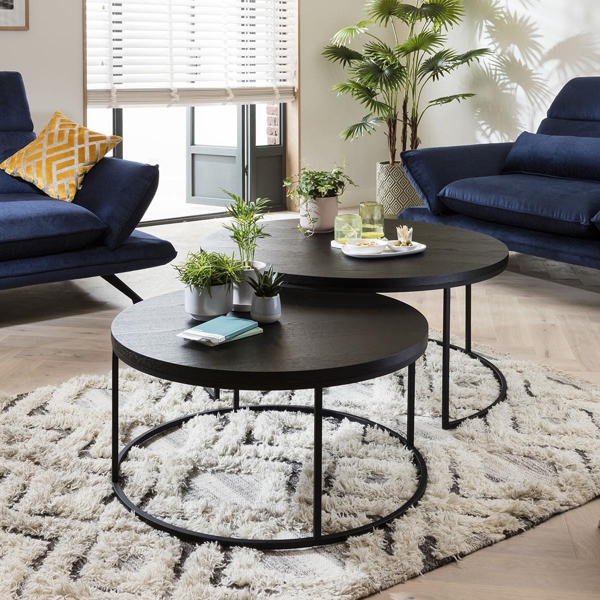 Quatropi Round Nesting Coffee Table 2-Piece Black Oak - Black Metal Ba