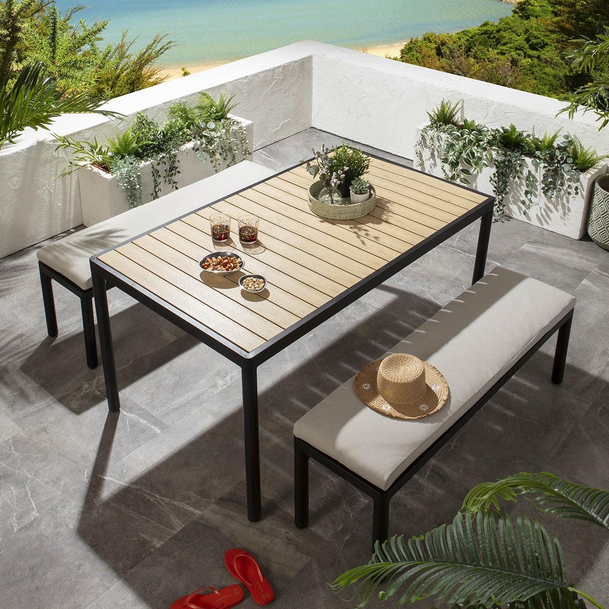 Sassari Outdoor Garden 4 Seater Dining Set Table & Bench Chairs Grey ...