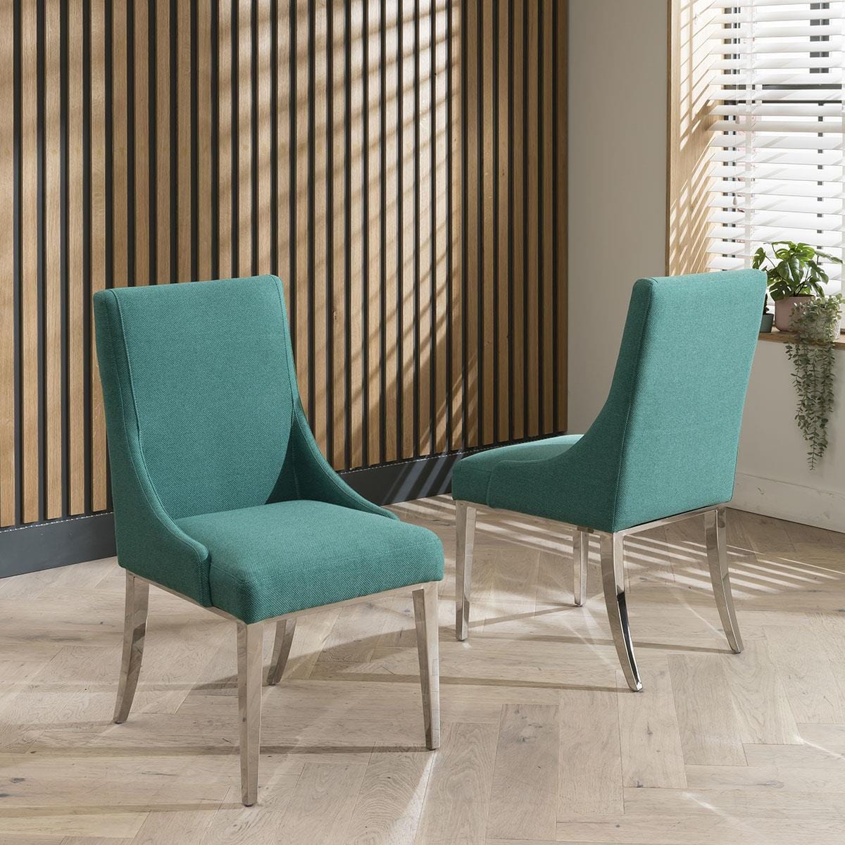 Set of 2 Elegant High Back Dining Chairs Green Fabric - Polished Metal ...